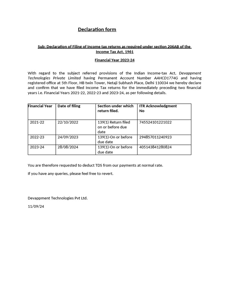 Declaration Form - Section 206AB | PDF