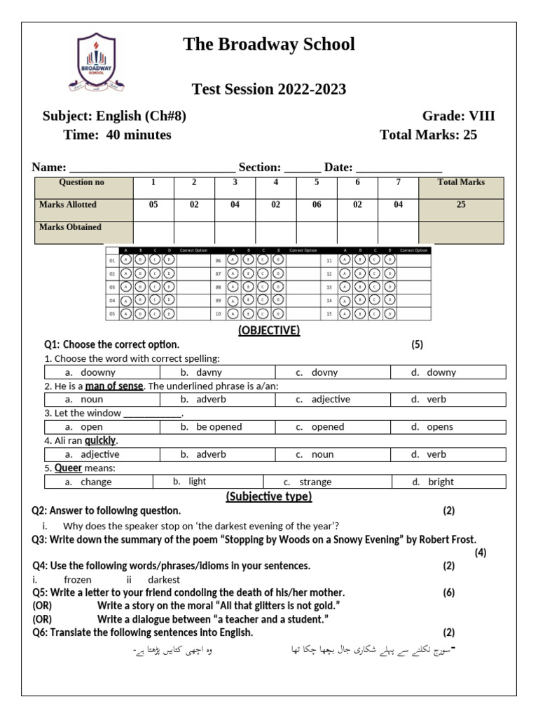 Test U8 grade 8 eng (1) | PDF | Verb | English Language