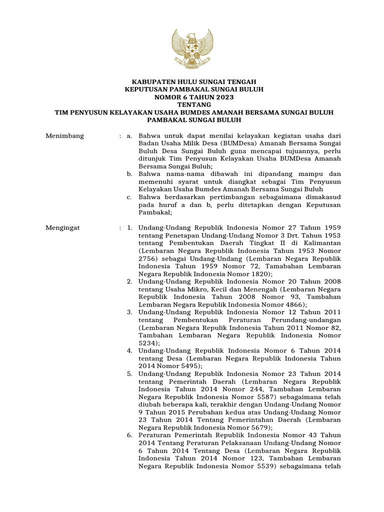 SK Pembakal TTG Tim Penyusun Kelayakan Usaha | PDF