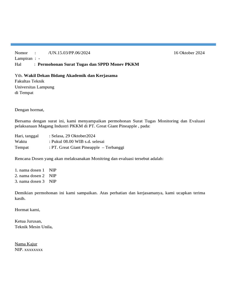 Contoh Surat Ke Wd1 TTG Usul Surat Tugas Monev PT GGF Terbanggi | PDF