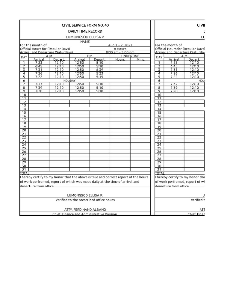 August 2021 Civil Service Time Record | PDF