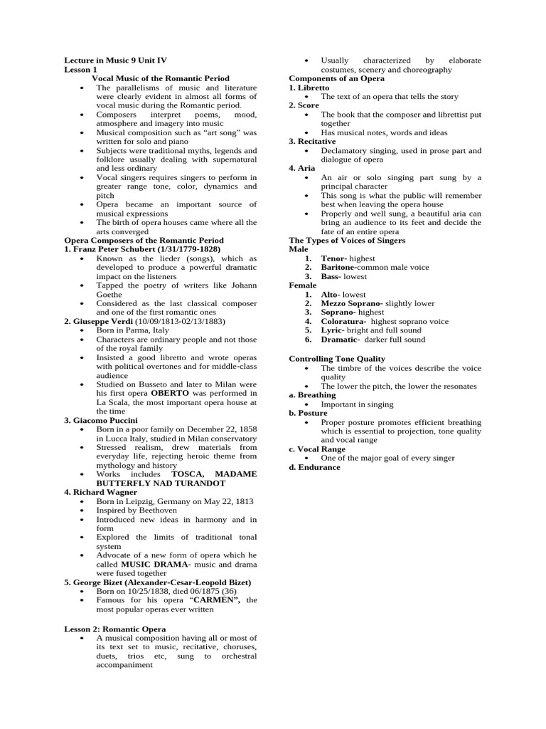 Lecture in Music 9 Unit IV | PDF | Opera | Songs