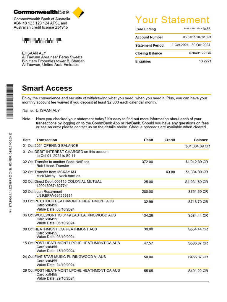 Commonwealth Bank Statement OCT | PDF | Banks | Debit Card