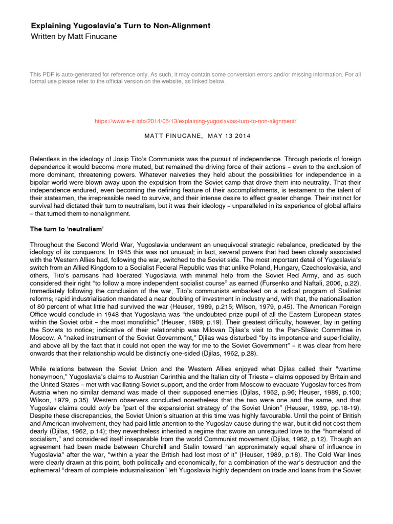 Non-Alignment Movement | PDF | Cost Of Living | Socialist Federal ...