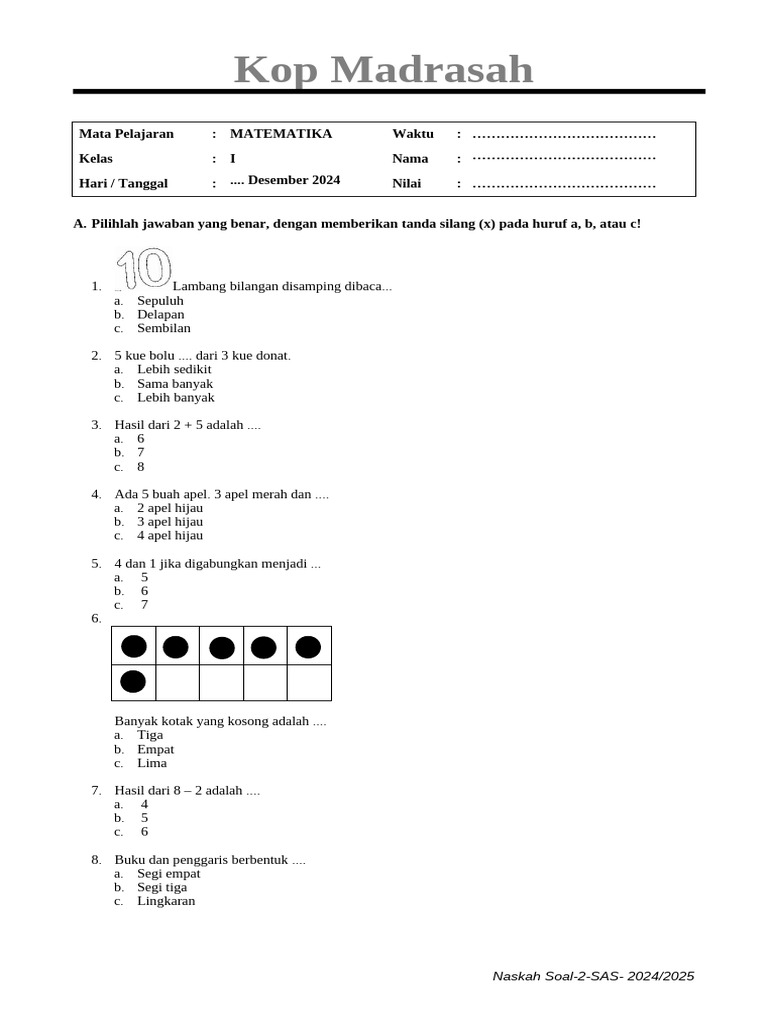 Soal Pas MTK Kelas 1 | PDF