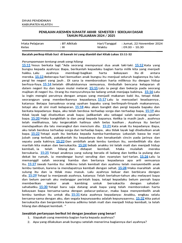 Soal Asesmen Sumatif 1 BTA TH 2024 2025 Kls 3 SD | PDF