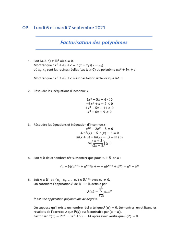 Exercices de factorisation des polynômes | PDF | Polynôme | Zéro d'une ...