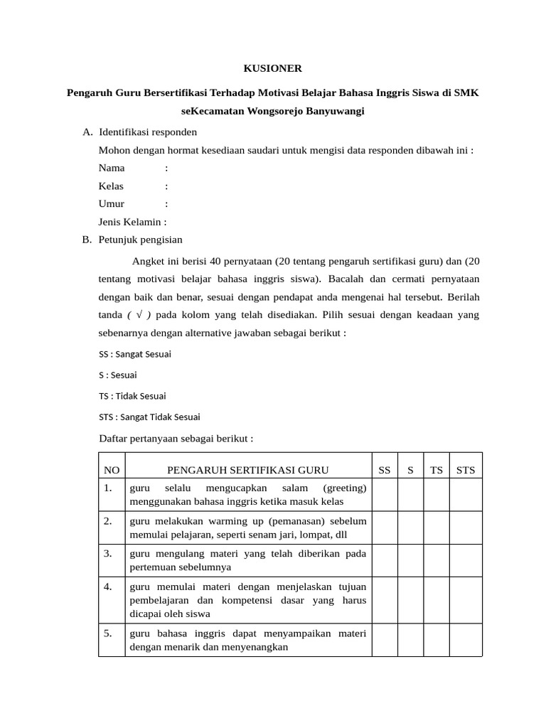 KUSIONER | PDF | Kajian Bahasa Asing