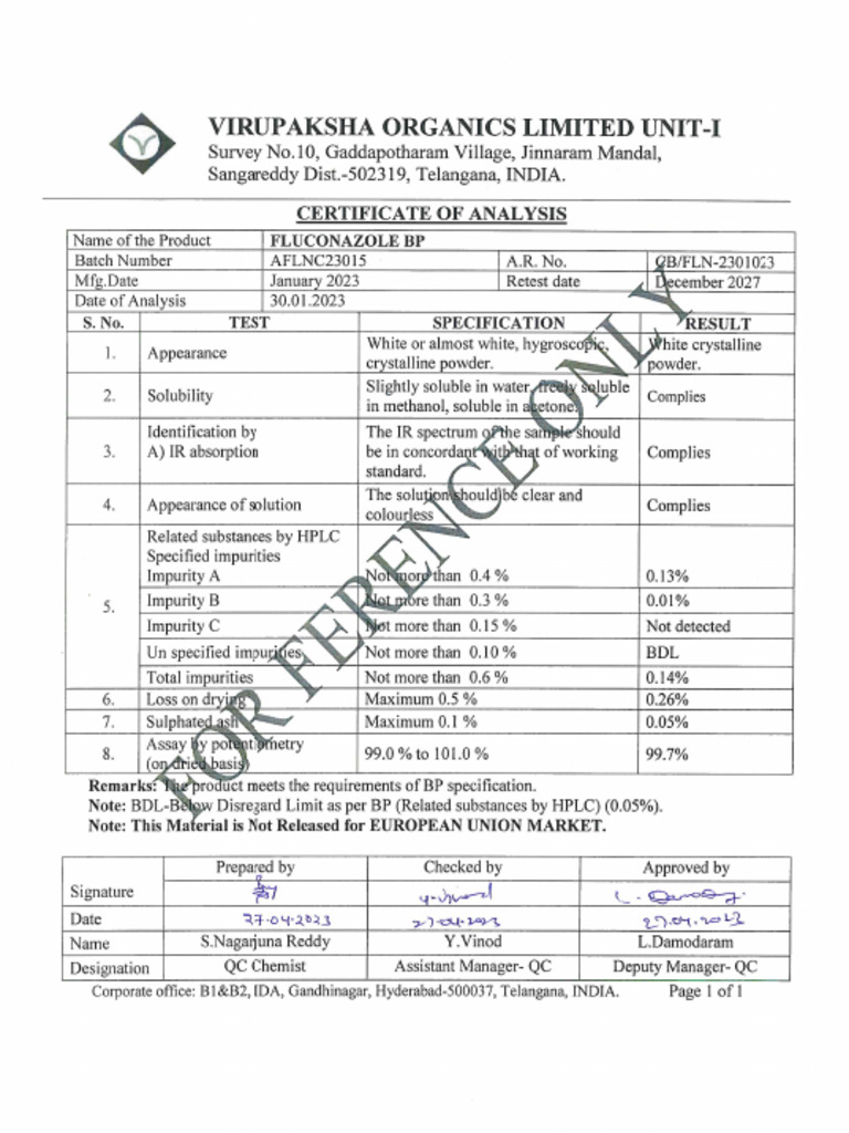 COA - Fluconazole BP (Injectible Grade) | PDF