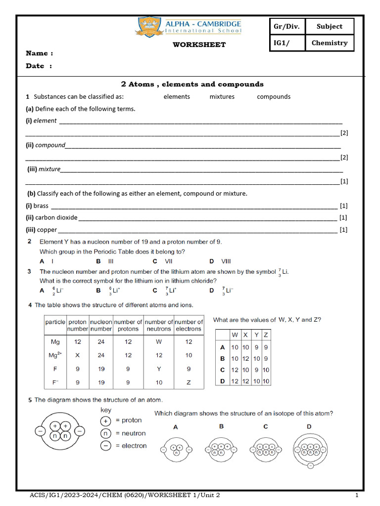 Unit 2 - Atoms, Elements and Compounds - Worksheet 1 | PDF | Chemical ...