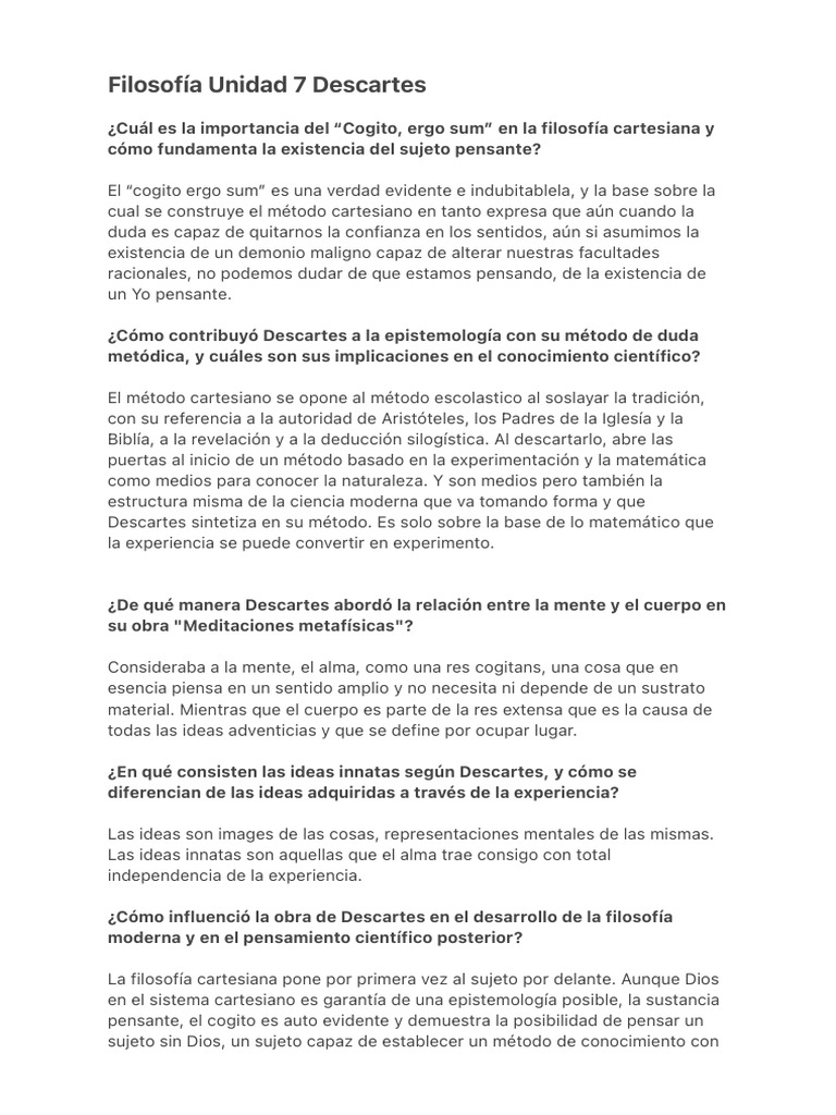 Filosofía Unidad 7 Descartes | PDF | René Descartes | David Hume