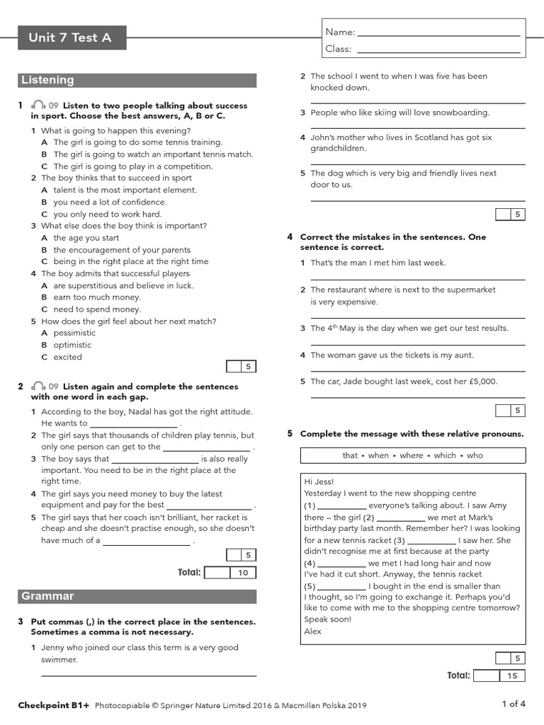 Checkpoint B1+ Unit 7 Test A | PDF
