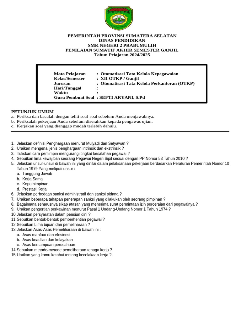 PTS OTK Kepegawaian Kelas XII OTKP Semester 1 | PDF