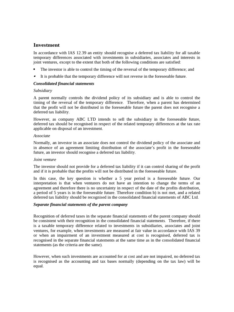 Answer of Example On Investment | PDF | Deferred Tax | Financial Statement