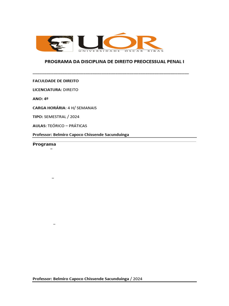 Programa Da Disciplina de Processo Penal - 2024 2 | PDF | Direito Processual | Direito Político