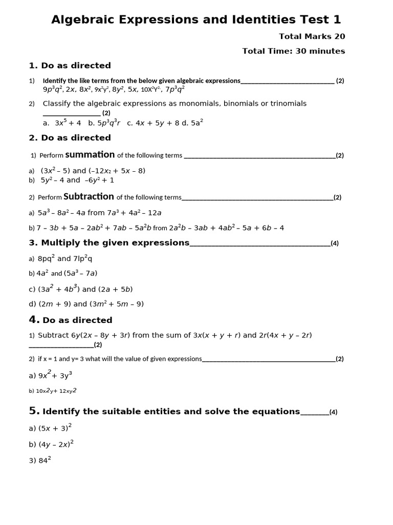 Algebraic Expressions Test Questions | PDF