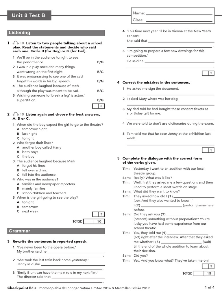 Checkpoint B1+ Unit 8 Test B | PDF | Alice (Alice's Adventures In ...