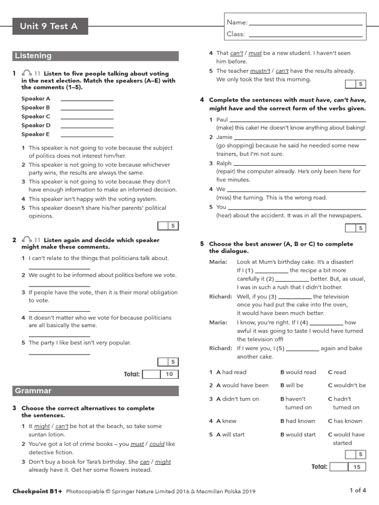 Checkpoint B1+ Unit 9 Test A | PDF