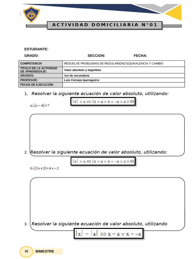 Ficha 1 de Actividad Domiciliaria Algebra Ivb | PDF