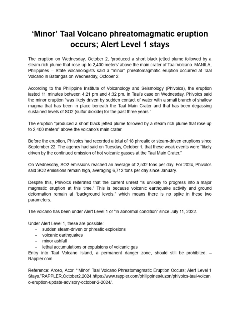 Minor' Taal Volcano Phreatomagmatic Eruption Occurs Alert Level 1 Stays ...