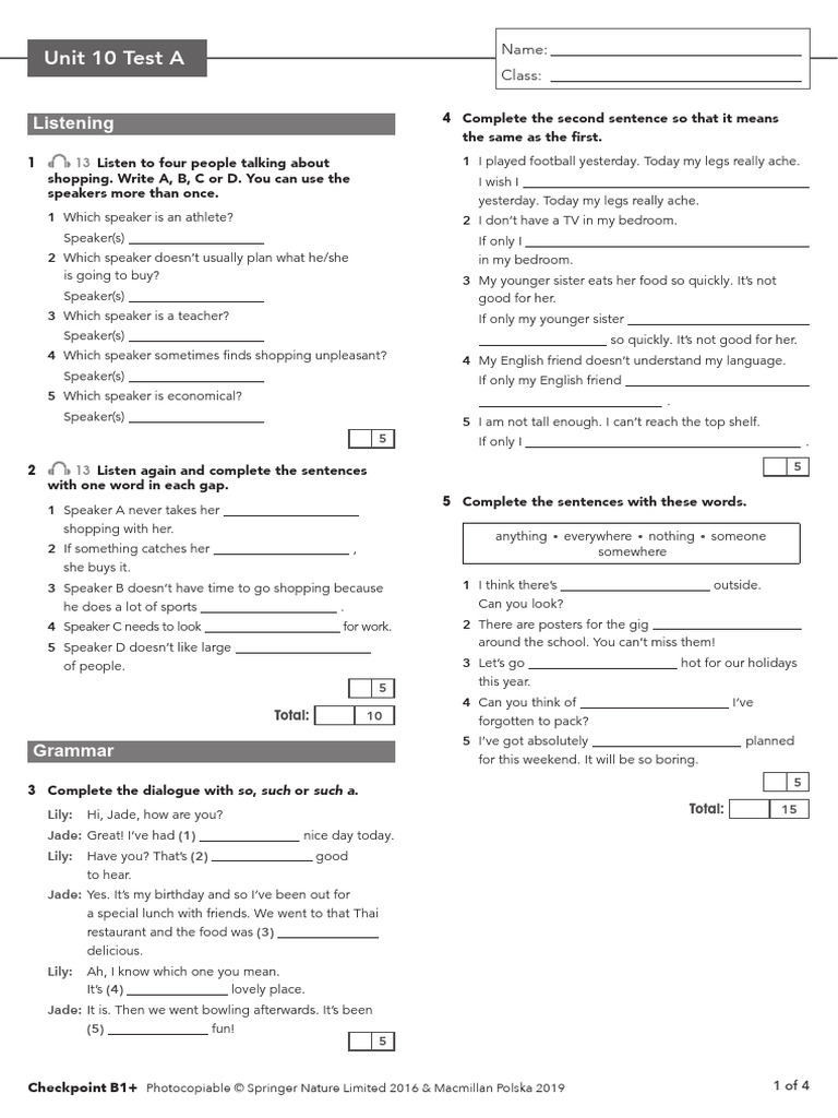 Checkpoint B1+ Unit 10 Test A | PDF | Retail | Online Shopping