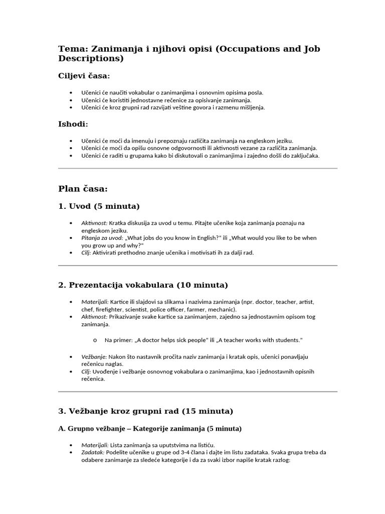 8.razred-Jobs and Occupations-Lesson Plan | PDF