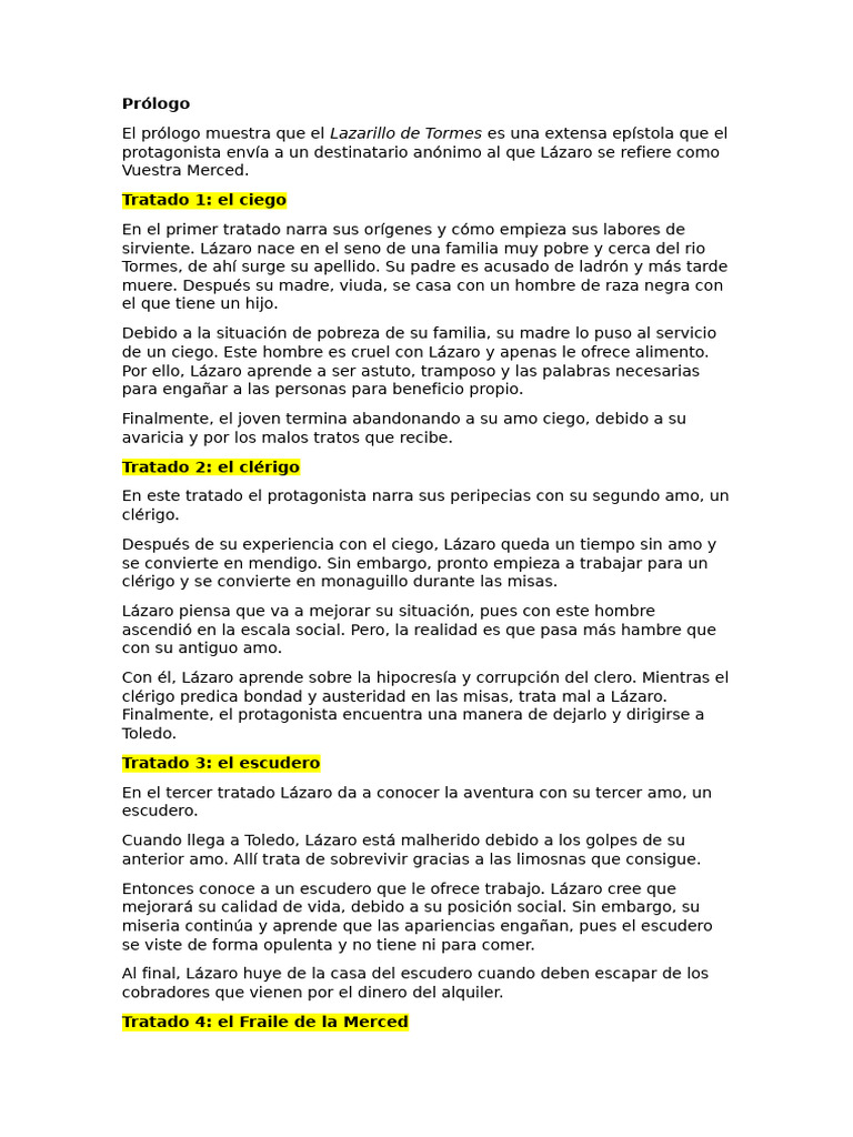 Resumen de Lazarillo de Tormes (Lengua 2024) | PDF