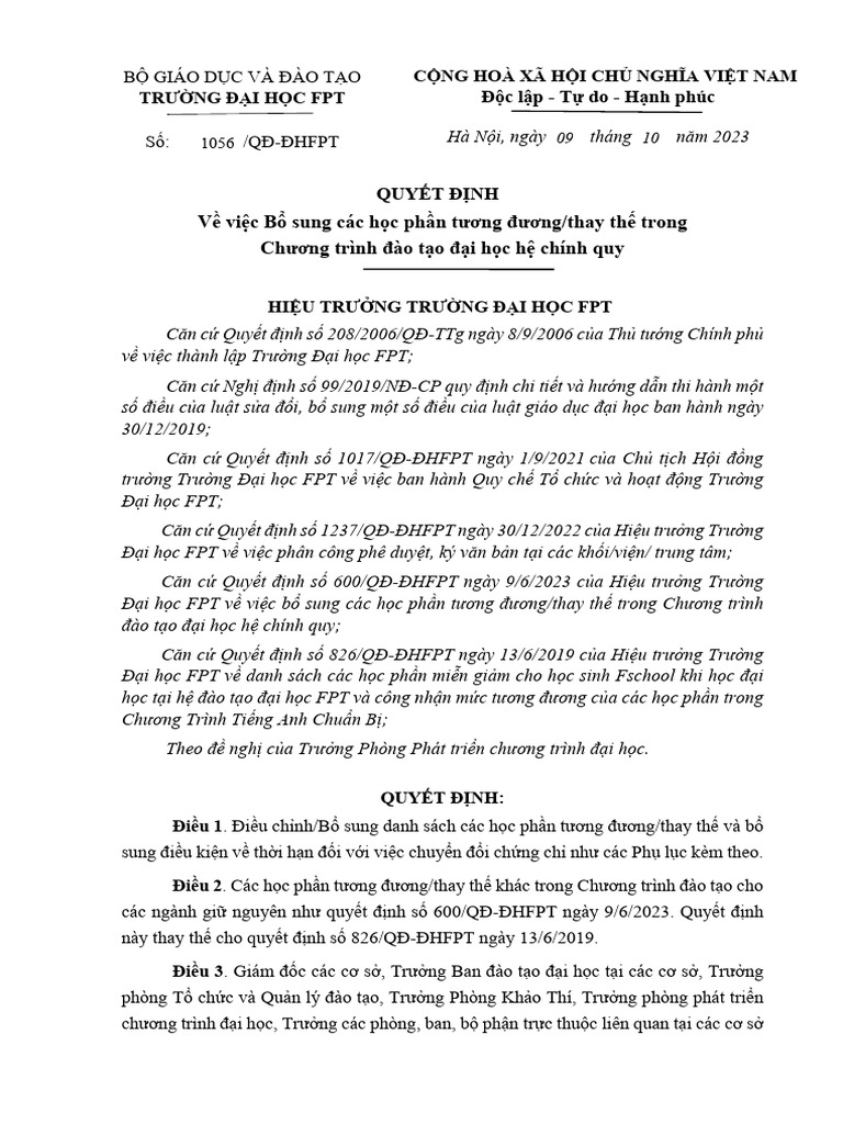 QD 1056 Bo Sung Cac Hoc Phan Tuong Duong Thay the SP24(Đã Ký Số) | PDF