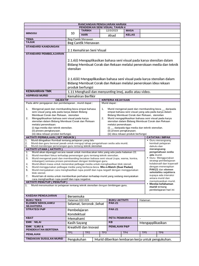 RPH Minggu 10 PSV THN 4 2023 by Cikgu Gorgeous | PDF