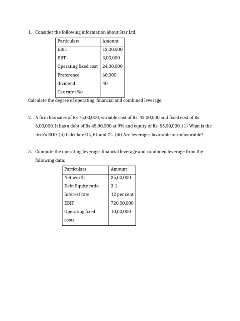 Problems On Leverages | PDF | Finance & Money Management