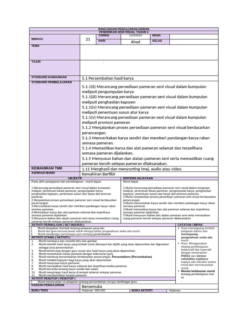RPH Minggu 21 PSV THN 4 2023 by Cikgu Gorgeous | PDF