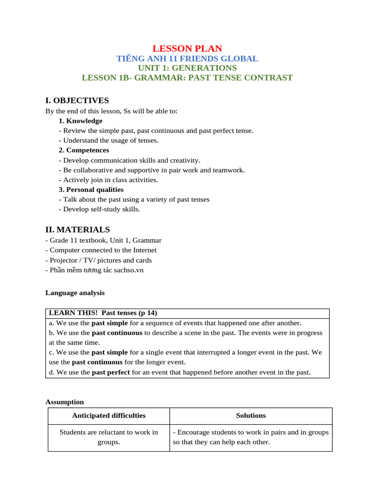 Lesson Plan 1B | PDF | Grammatical Tense | Verb