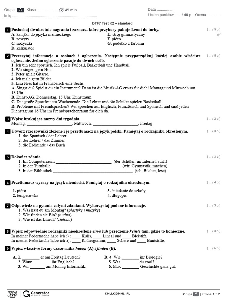 DTF7 Test K2 - Standard Test (Z Widoczną Punktacją) | PDF