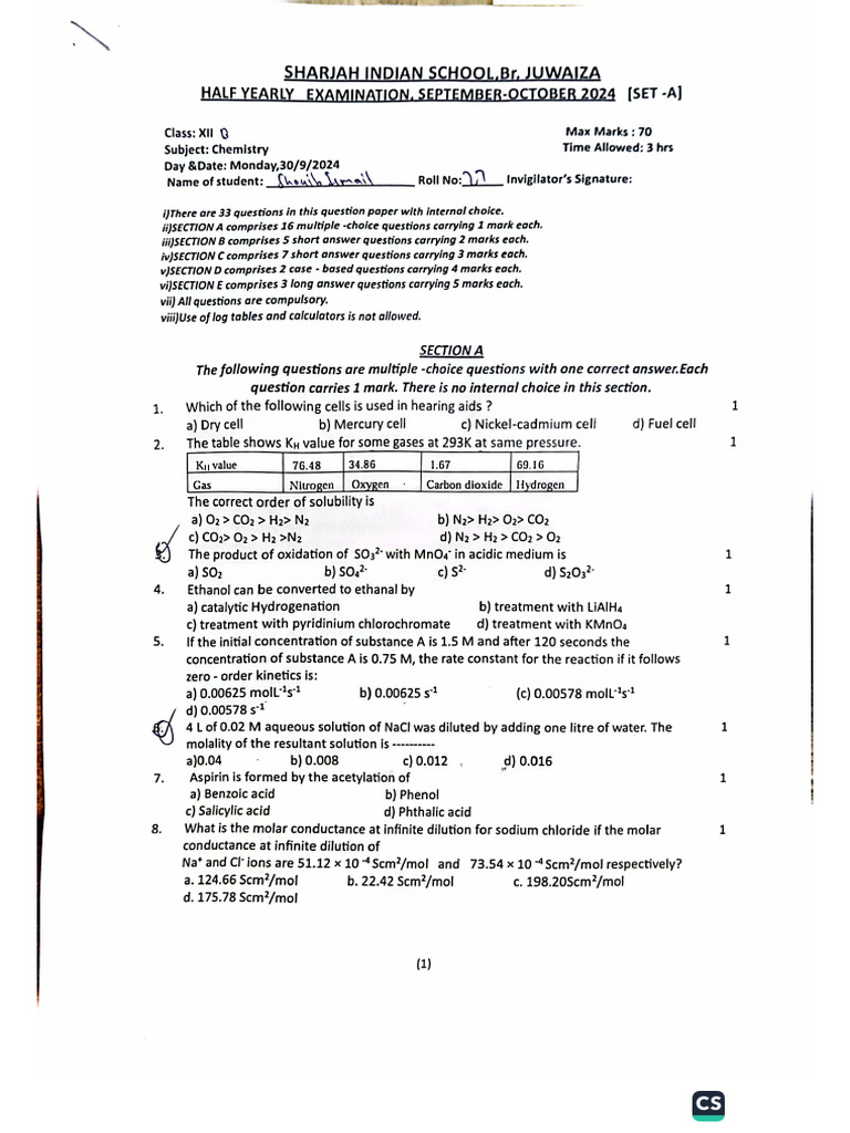 CHEM Half Yearly QP | PDF
