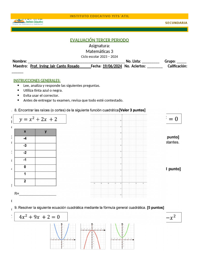 Evaluación Matemáticas 3º Periodo | PDF