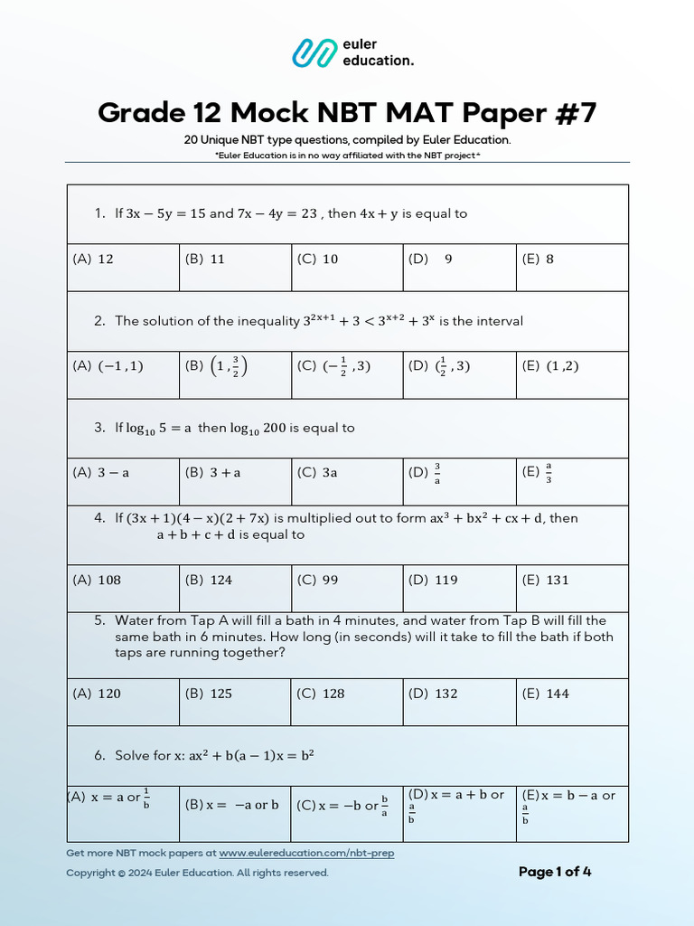 NBT-Math-Paper-7 - Class Questions& Answers | PDF