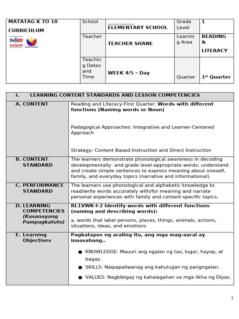 Reading & Lit-Cot-Lesson Exemplar-Pangngalan-Week4 | PDF | Learning | Learning Methods