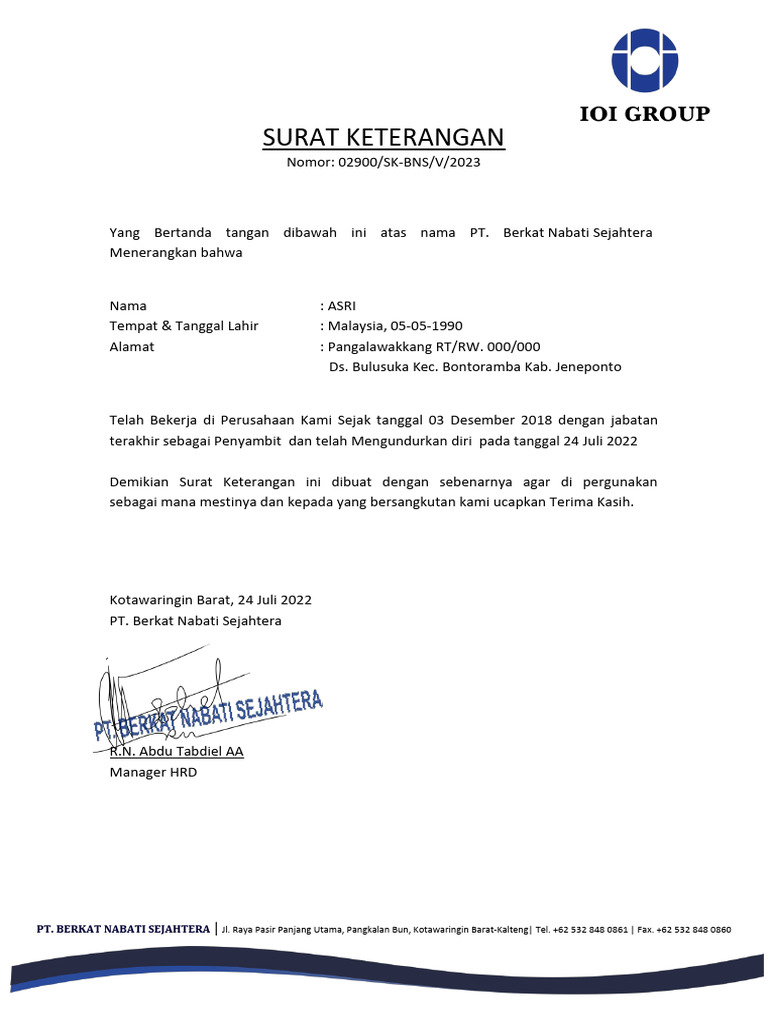 Surat Keterangan Kerja ASRI dari PT BNS | PDF