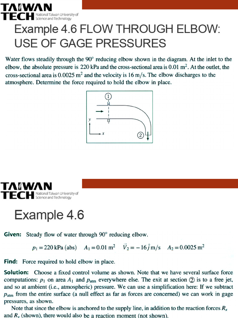 Example 4.6 Flow Through Elbow: Use of Gage Pressures | PDF