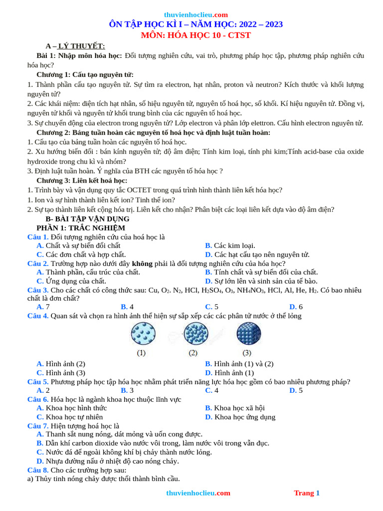 Tai Lieu On Tap Hoa 10 HK1 | PDF