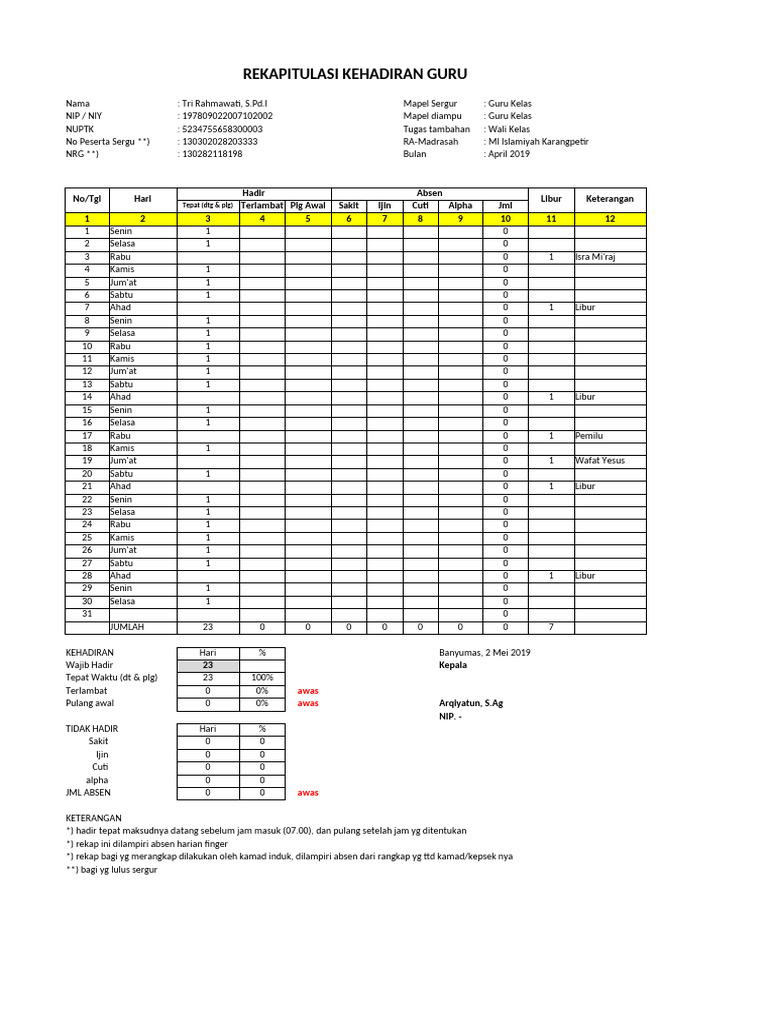 Form Rekap Absen Bulanan Mba Tri | PDF