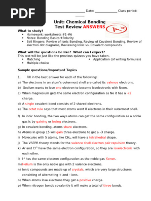 Chemical Bonding Review Worksheet Answer Key