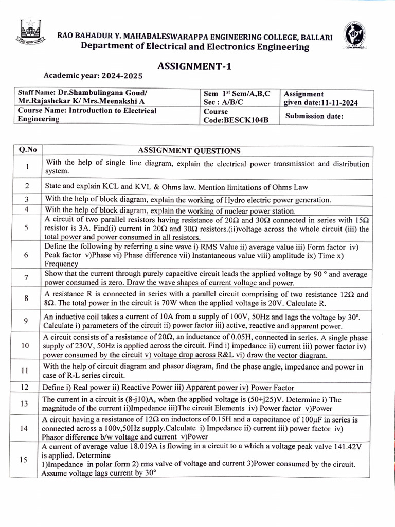 ESC 1st Assignment 24-25 | PDF | Ac Power | Electrical Impedance
