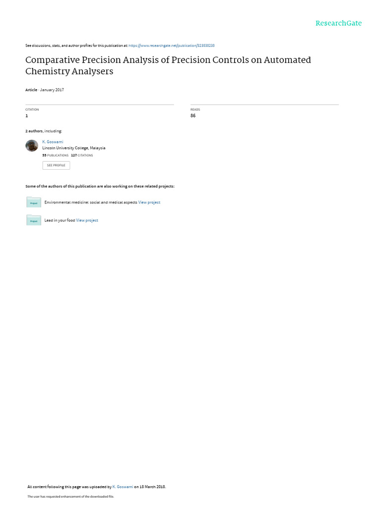Precision Analysis of Chemistry Analysers | PDF | Coefficient Of ...