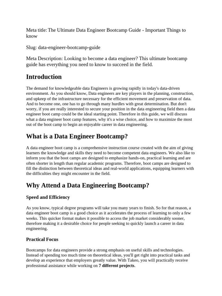 5 Launching Your Career - The Ultimate Data Engineer Bootcamp Guide - TAKEO | PDF | Data | Learning
