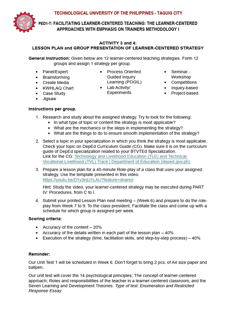 Activity 3 and 4 - Lesson Plan and Presentation of Learner Centered Strategies | PDF | Lesson ...