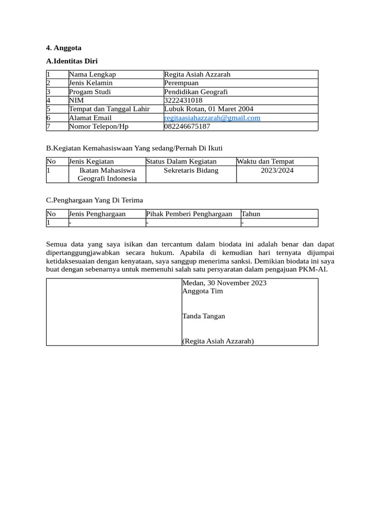 Biodata Anggota Tim PKM-AI 2023 | PDF
