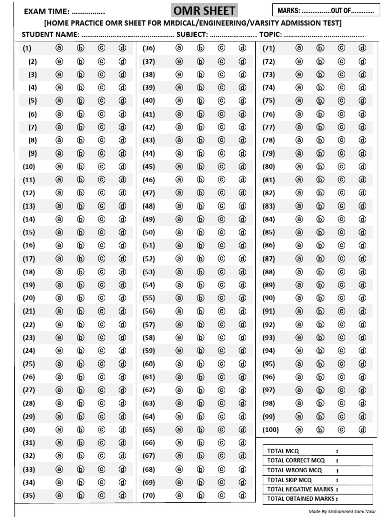 Omr Sheet (100 MCQ) | PDF