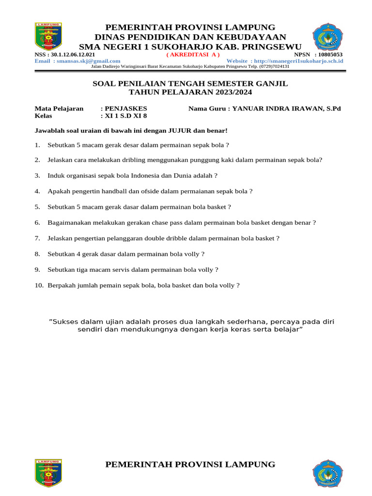 Soal PTS Ganjil Penjas KLS XI | PDF