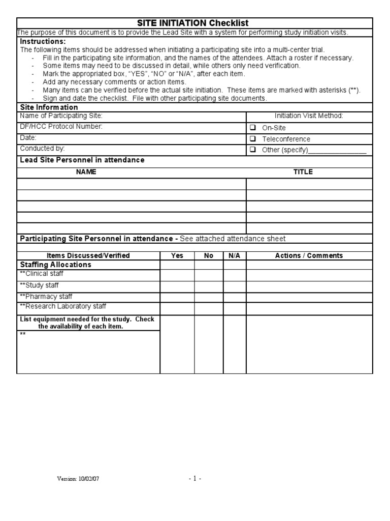 Site Initiation Visit Checklist | PDF | Institutional Review Board ...
